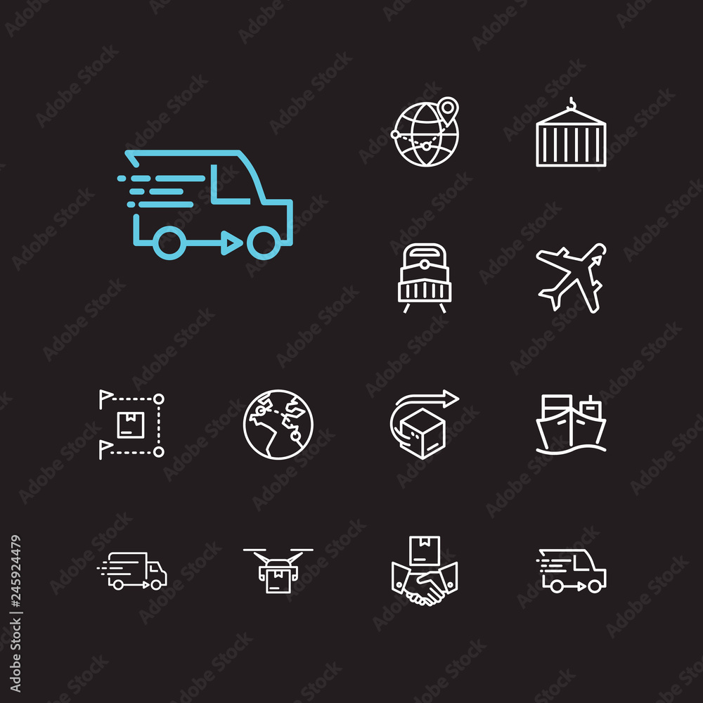 Cargo icons set. Van and cargo icons with delivery train, drone ...