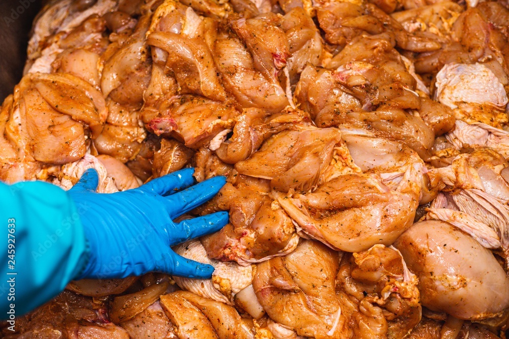 Working in uniform in the production of chicken blanks prepare meat for ...
