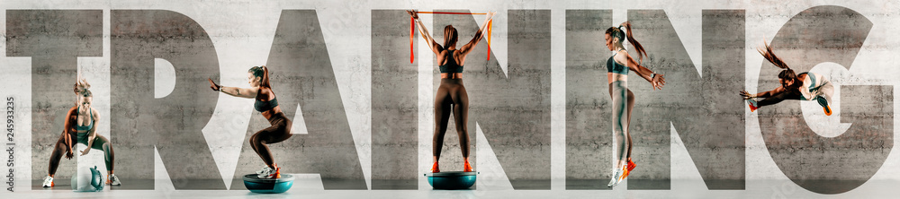 Collage of sporty woman doing various exercises. In background gray ...