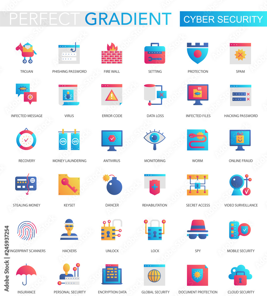 Vector set of trendy flat gradient Cyber security icons. Stock Vector ...