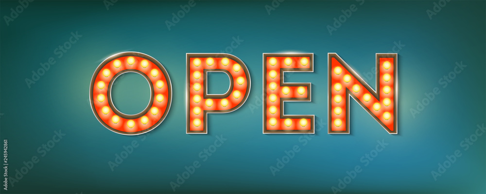 Open. Illuminated street sign in the vintage style. 3d vector ...