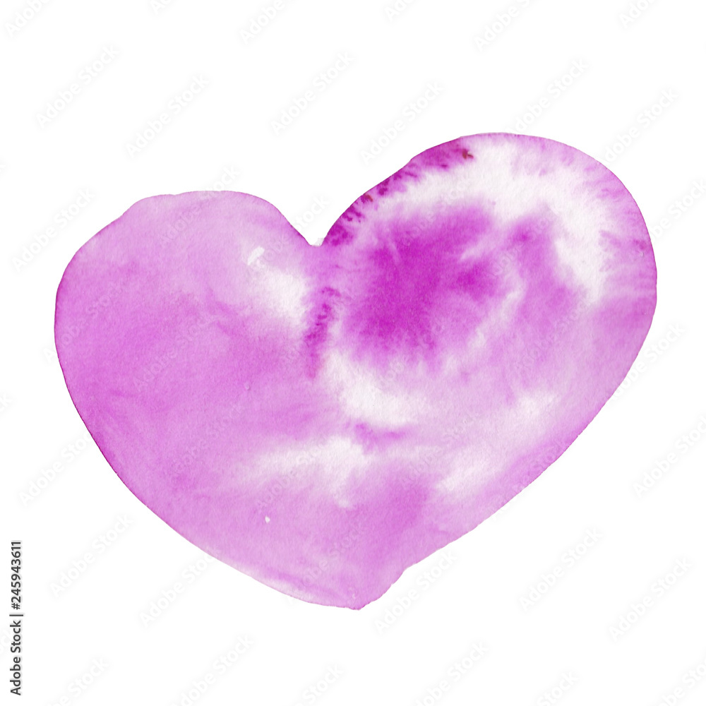 Big purple heart, watercolor heart, hand drawn, isolated on white ...