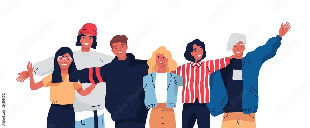Group portrait of smiling teenage boys and girls or school friends ...