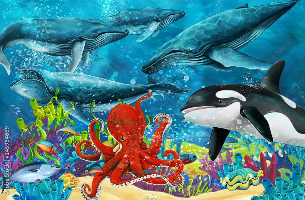 cartoon scene with whale and killer whale and octopus near coral reef ...