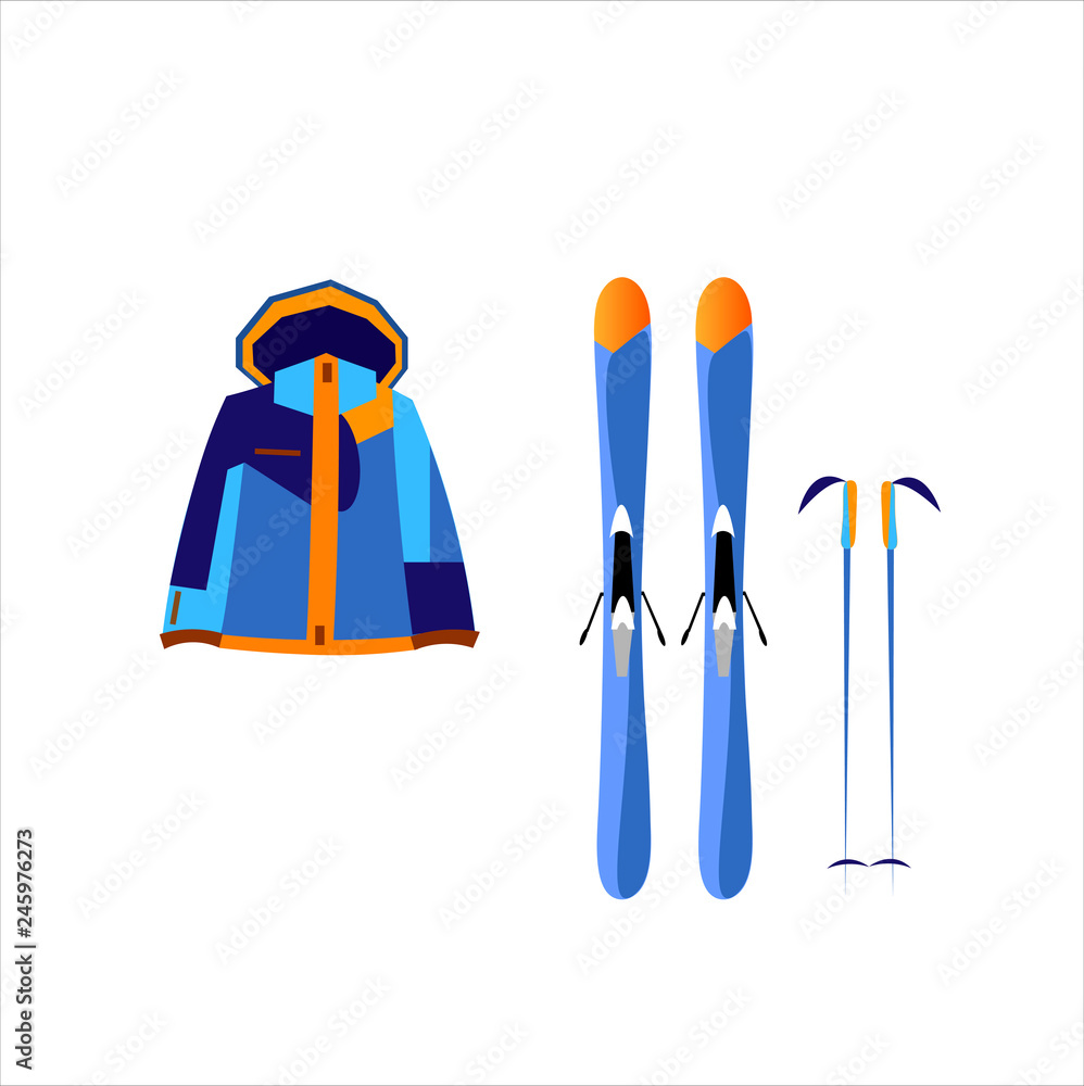 Ski and snowboarding equipment. Flat vector illustration. Winter banner ...