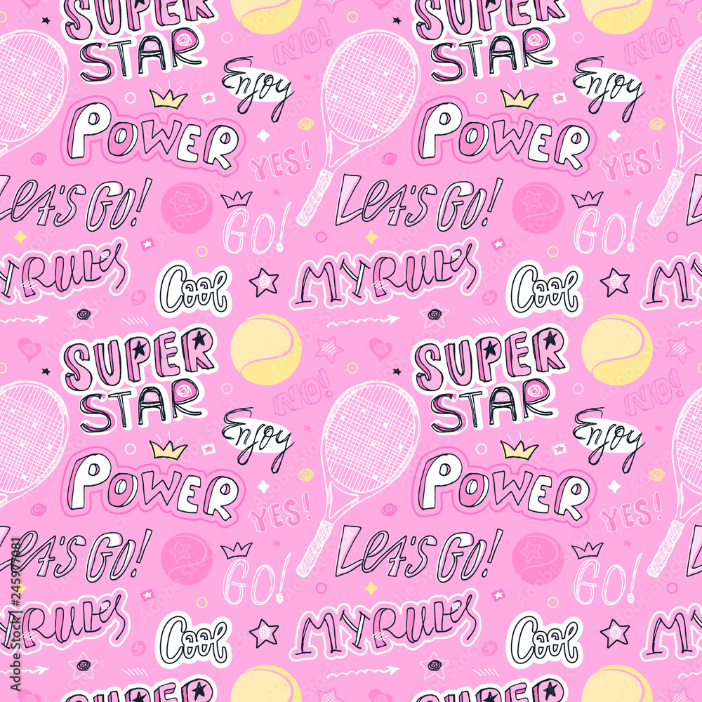 Girlish pink sketch seamless pattern for tennis. Sports Background with ...