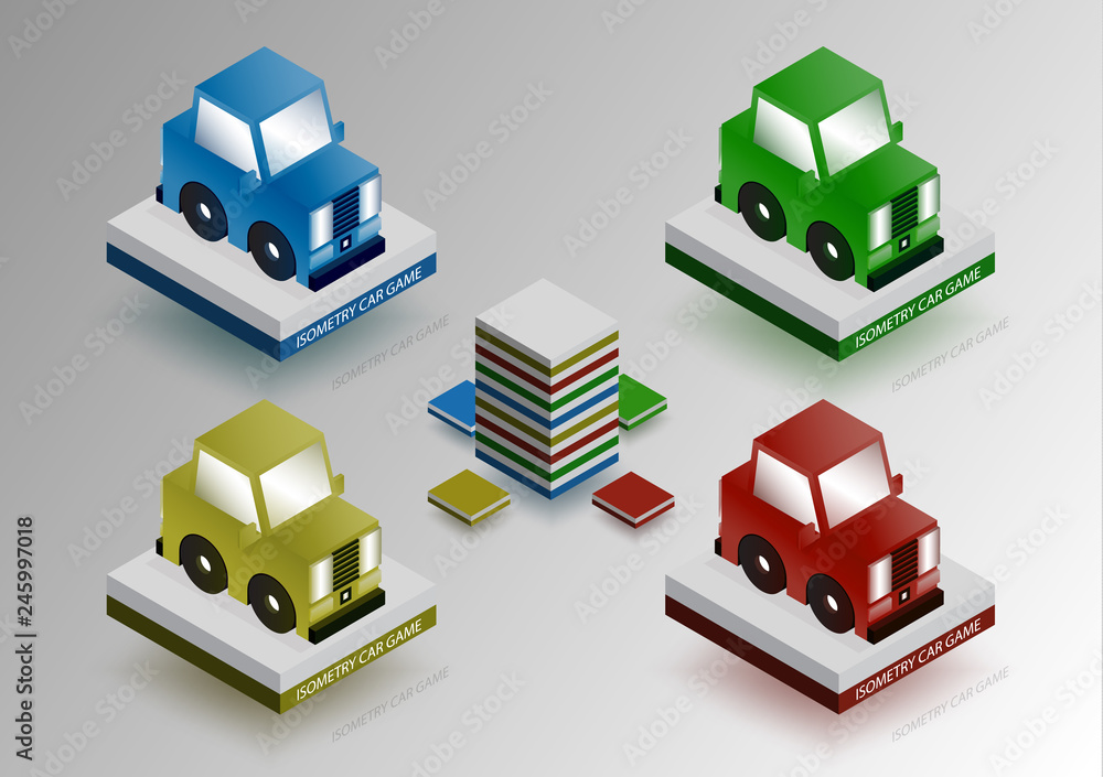 Set of bright cartoon flat-style car games. Isometric game design ...