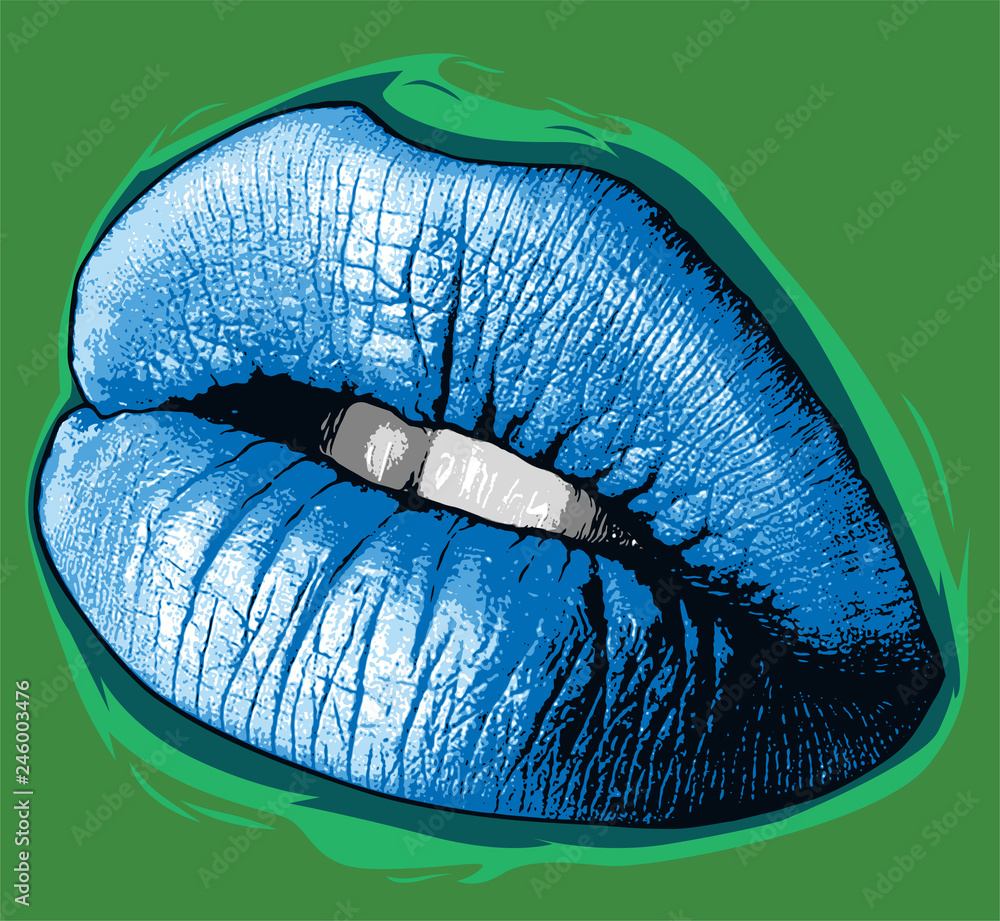Blue Lips, Lips Sighed with Green Background, Digital Illustration ...