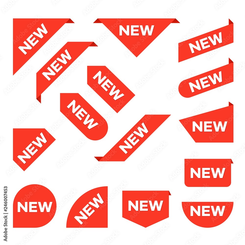 New ribbons. Corner banner, new tag labels and present buttons vector ...