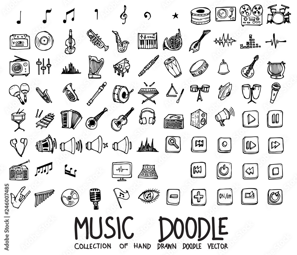 Set of Musics icons Drawing illustration Hand drawn doodle Sketch line ...