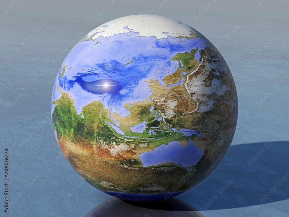 Globe of an inverted earh on which land and water are reversed, with ...