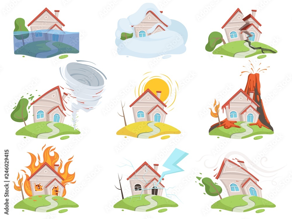 Nature disaster damage. Fire volcano water wind tree destruction ...