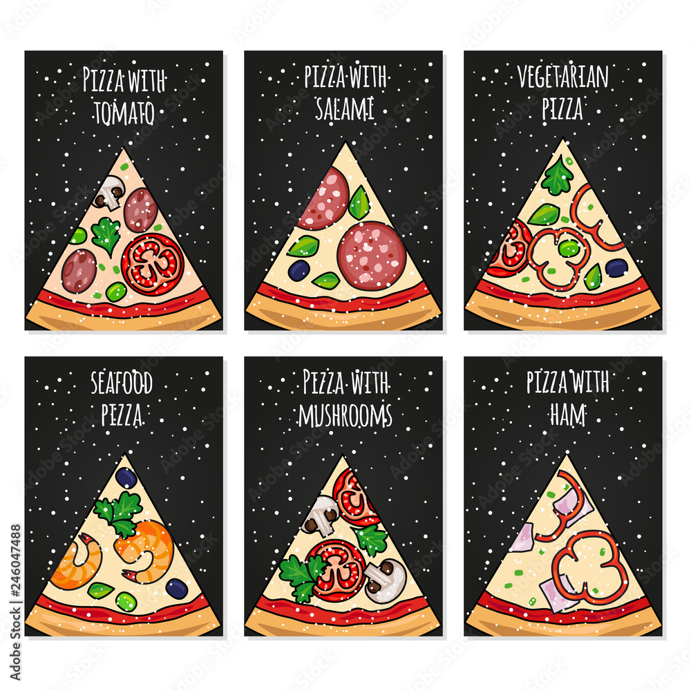 Pizza cards template. Holiday pizza cards for party menu. Vector pizza ...