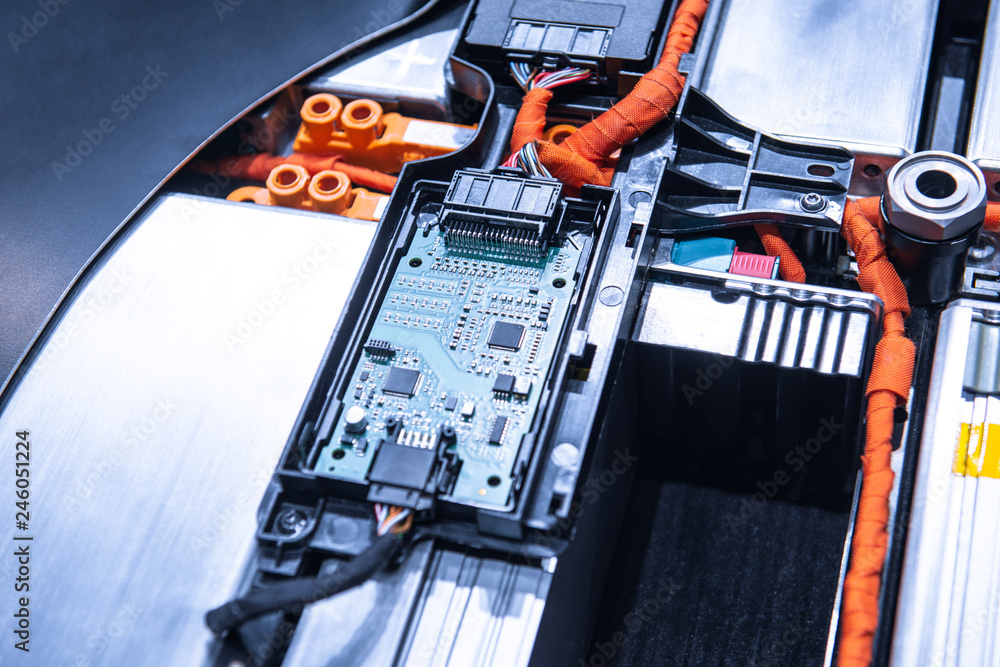 EV car battery pack. Electric car lithium battery pack. Blue toned. Car ...