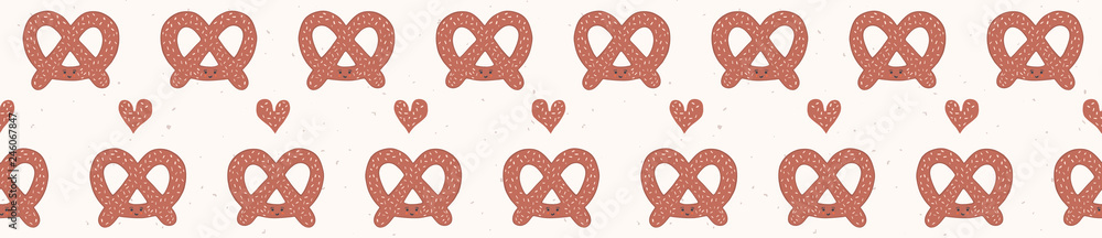 Cute vector pretzel cartoon with smiling face and love heart. Seamless ...
