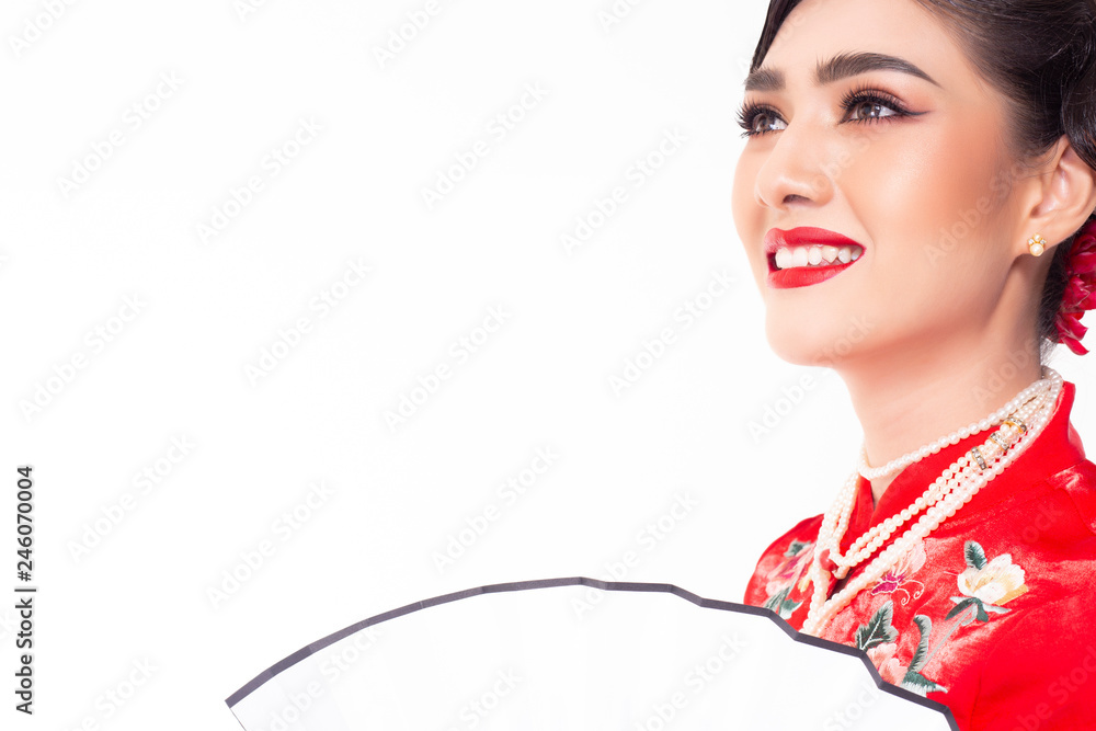 Charming beautiful Chinese woman look at copy space. Gorgeous woman ...