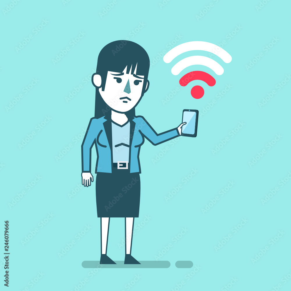 Sad businesswoman with smartphone has slow internet connection. Bad ...