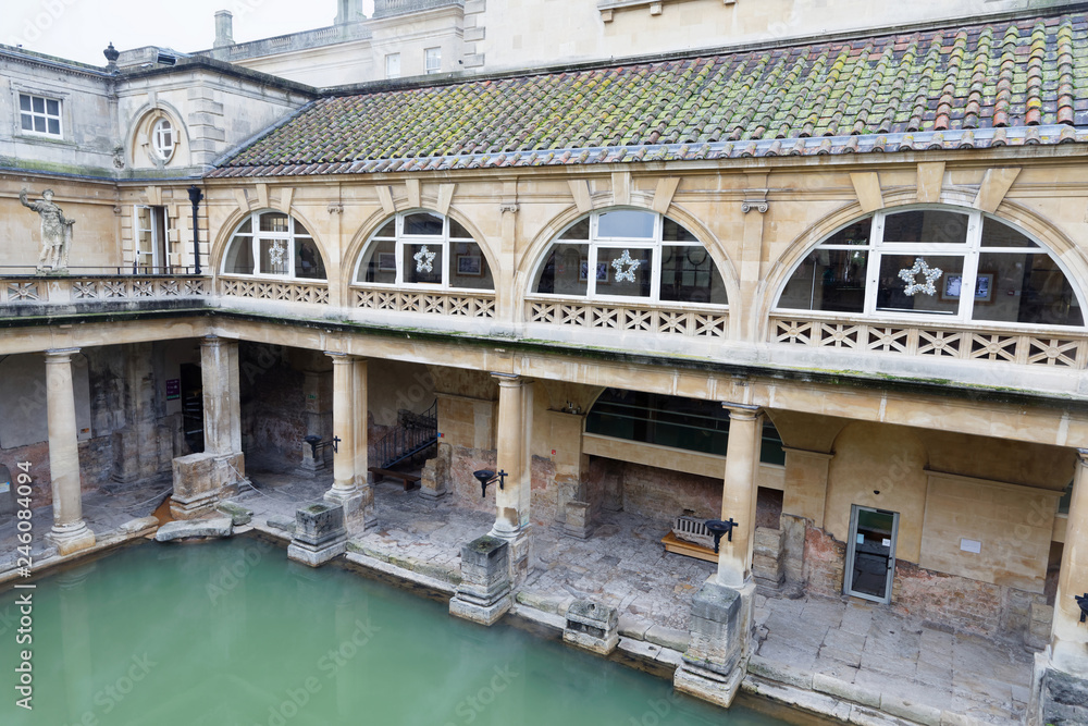 The Roman bath built on natural hot springs of the Romans in the year ...