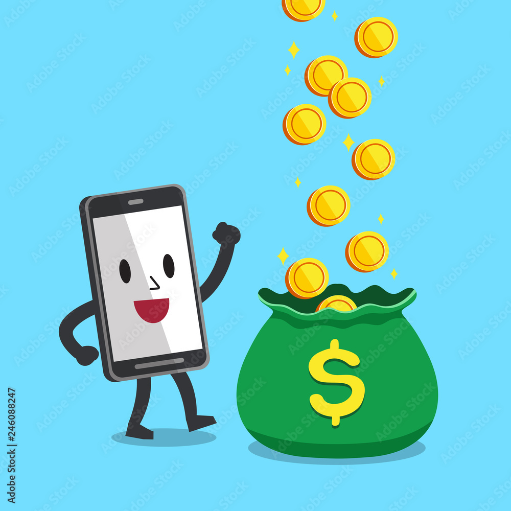 Cartoon character smartphone with big money bag for design. Stock ...