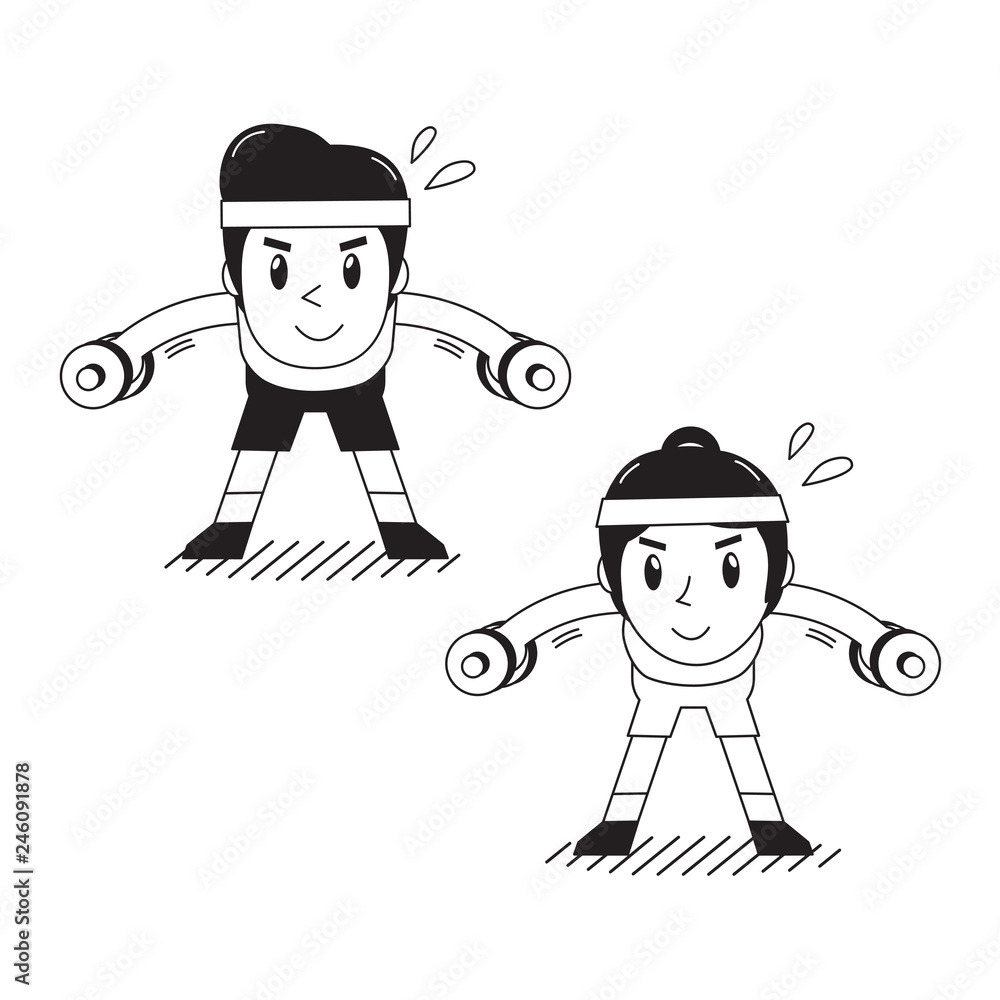 Cartoon man and woman doing dumbbell bent over lateral raise exercise ...