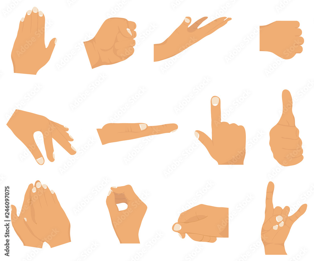 Vector flat style set of various hands gestures. Different signs and ...