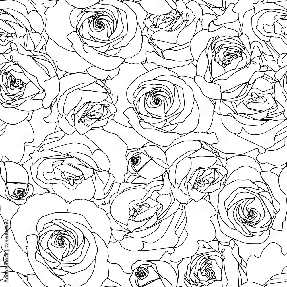 Vector seamless floral pattern. Line art roses background Stock Vector ...