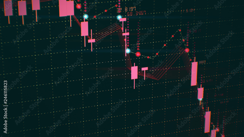 Futuristic digital business forex currency candle chart fall. 3D ...