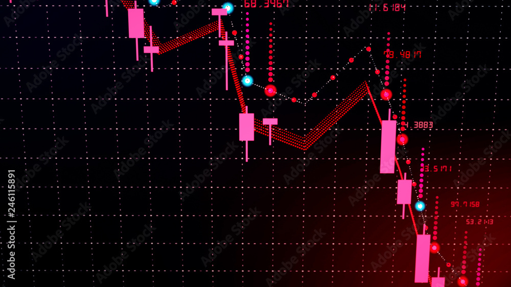 Futuristic digital business forex currency candle chart fall. 3D ...