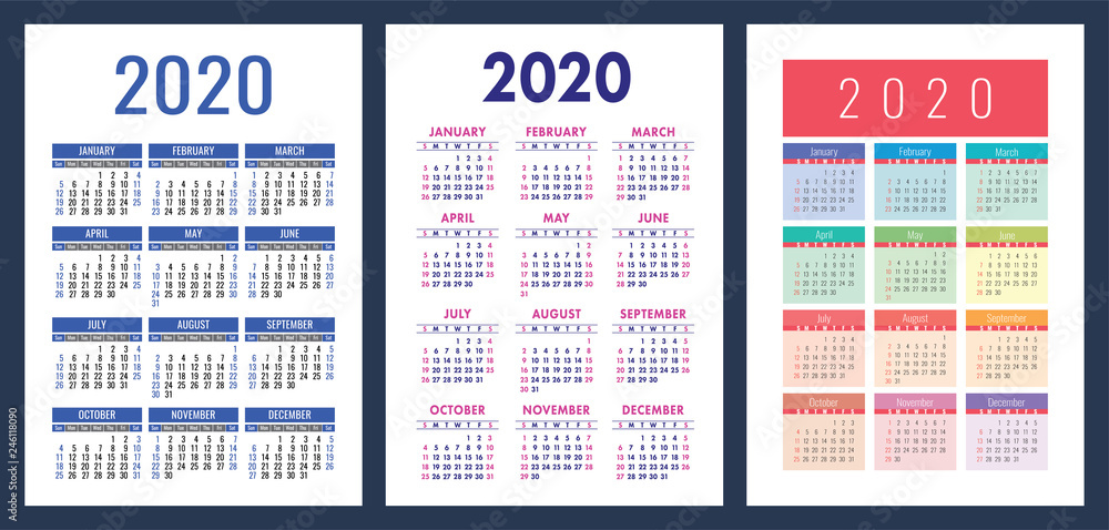 Calendar 2020. Colorful set. Week starts on Sunday. Basic grid. English ...