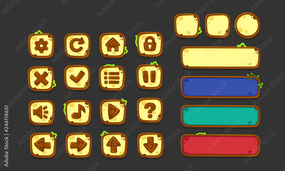 Vetor de Set of UI elements for 2D games and apps, Jungle Game UI part 1 do Stock