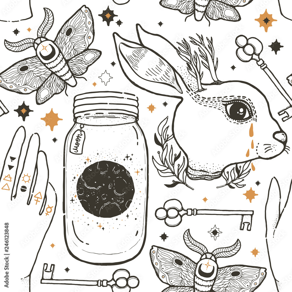 Sketch vector graphic seamless pattern illustration with mystic and ...