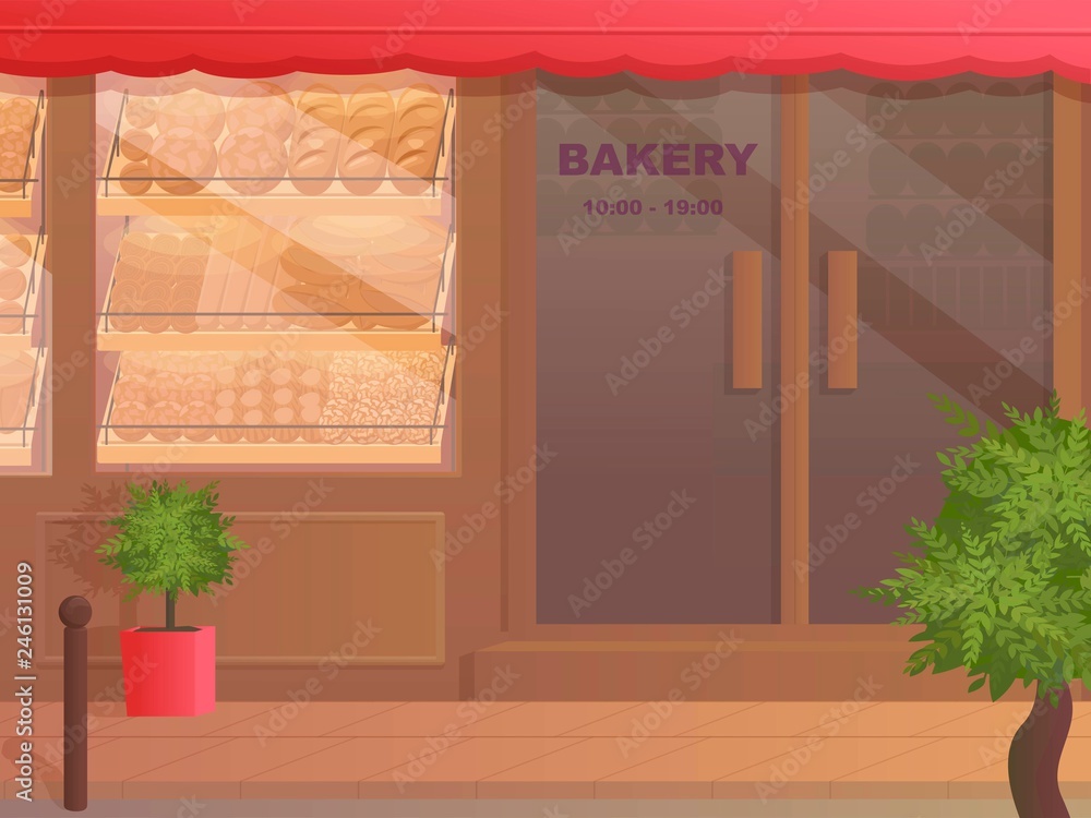 Bakery shop with bread shelves. Bakery shop in flat style. The facade ...