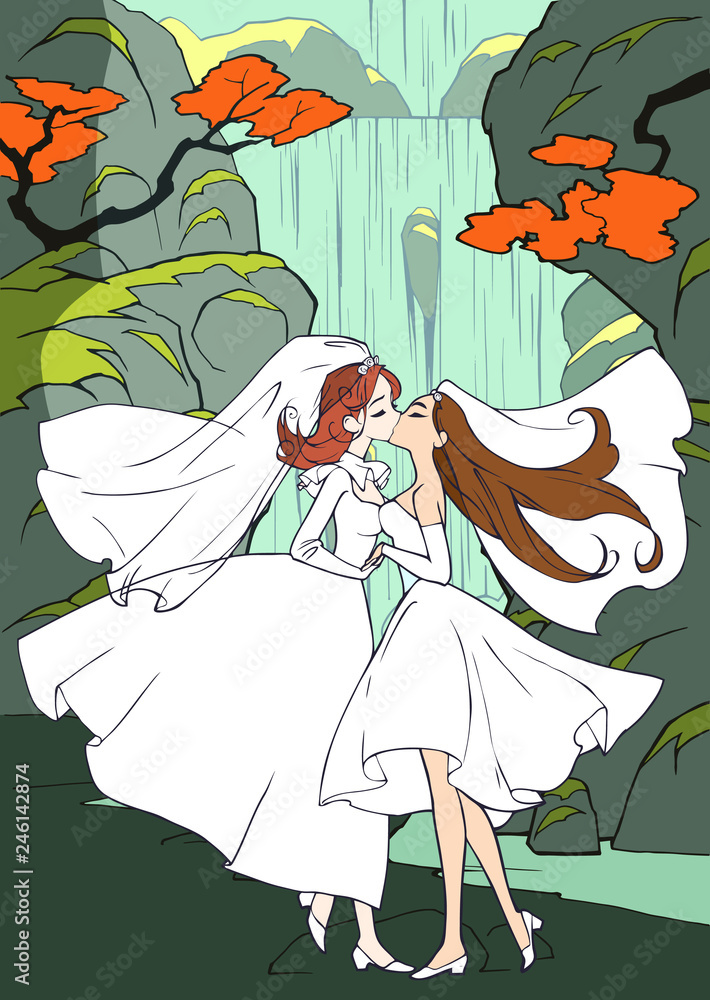 Beautiful cartoon anime wedding illustration of two pretty homosexual ...