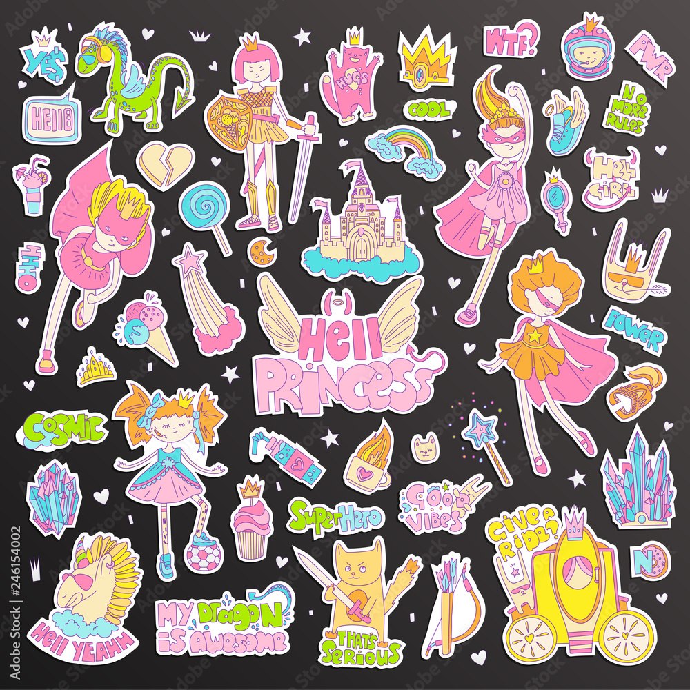 Brave tomboy Hell princess vector cartoon set. Princess magic and ...