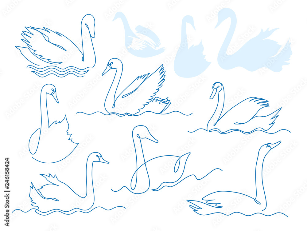 Swan continuous one line drawing vector set. Stock Vector | Adobe Stock