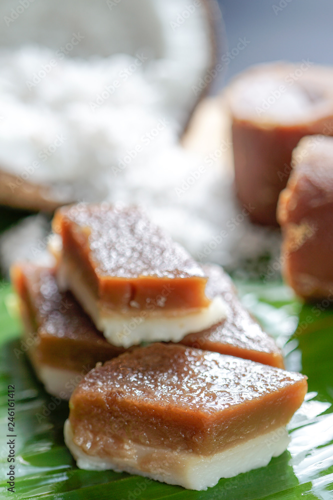 Steamed coconut milk pudding kuih talam with tapioca candy Stock Photo ...