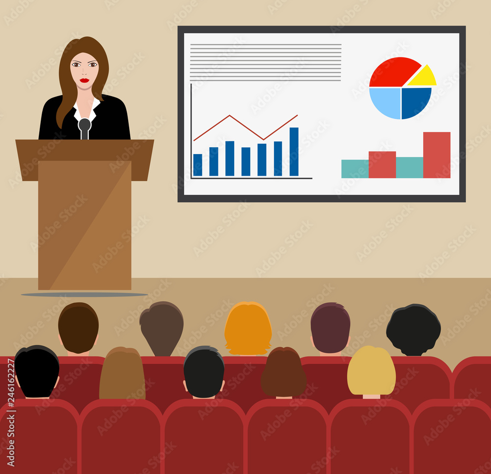 Business woman teacher giving employee lecture or presentation at board ...