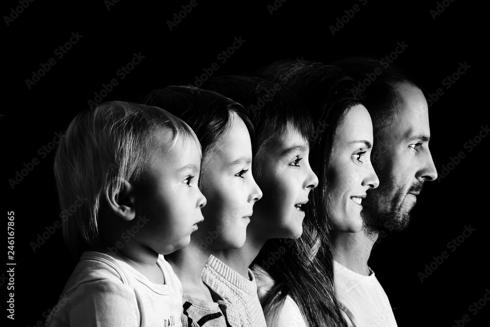 Family portrait of father, mother and three boys, profile picture of ...