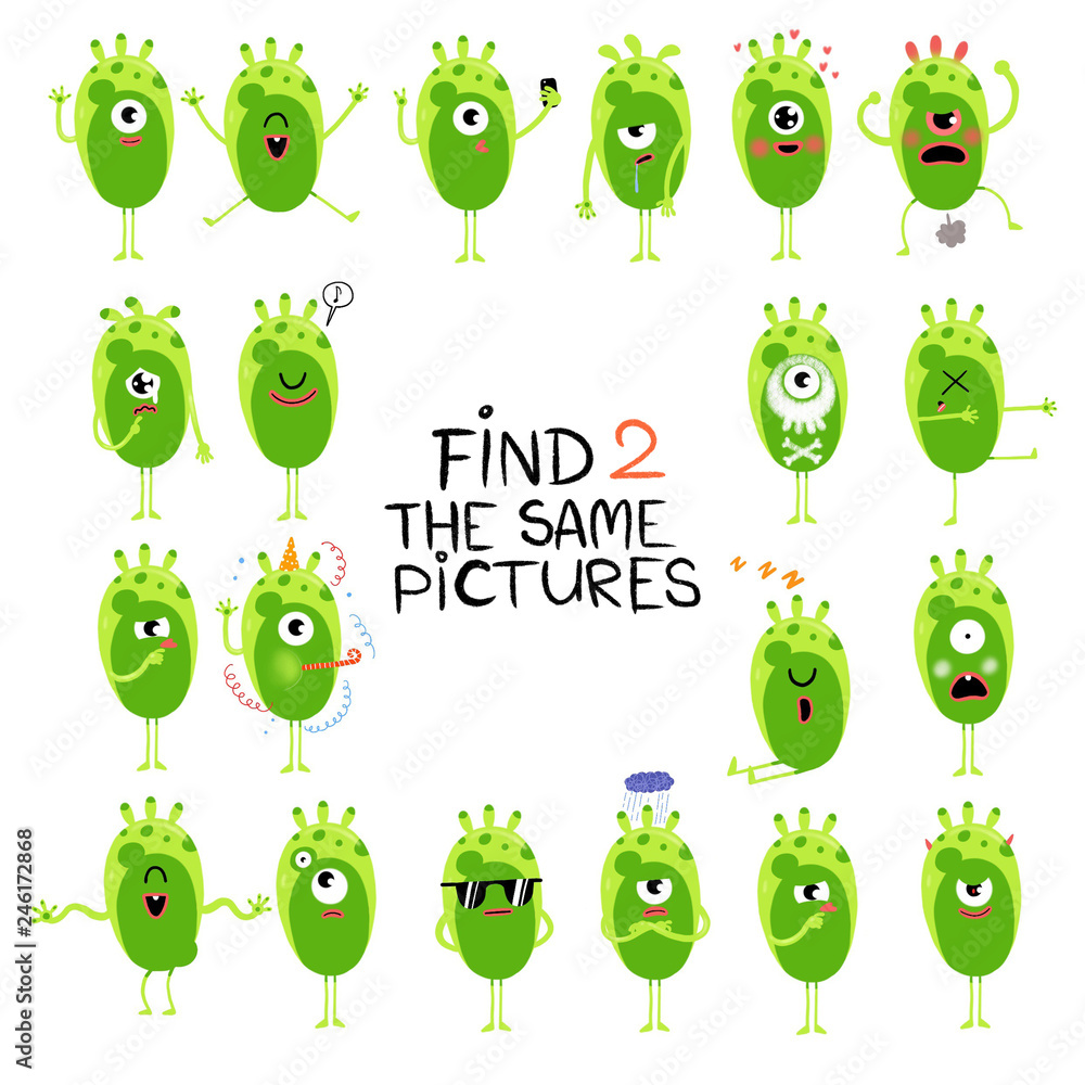 Funny little aliens illustration. Find two same pictures. Educational ...