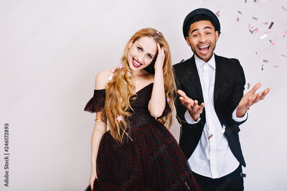 Portrait funny celebration of joyful couple in love in luxury evening ...