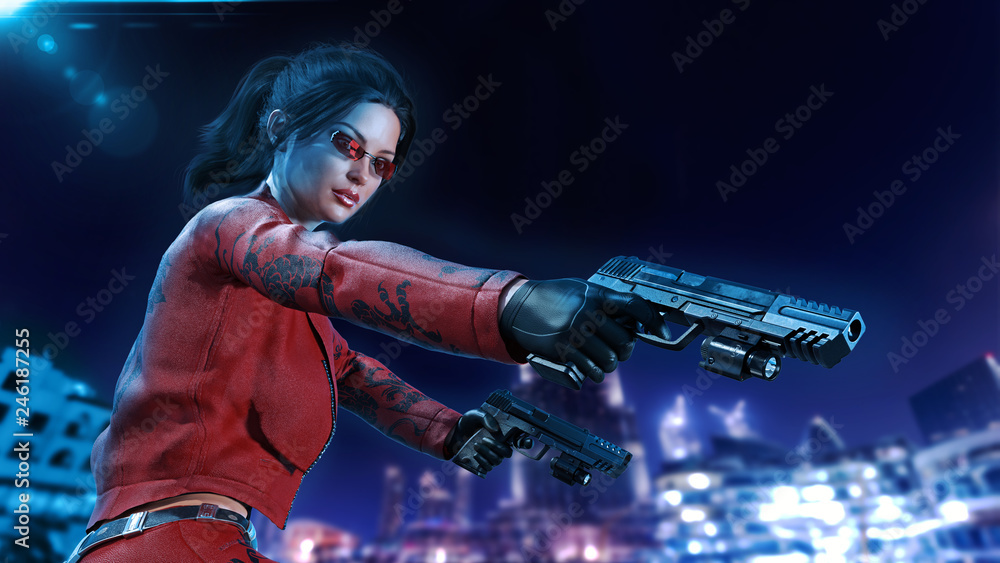 Action girl with guns, woman in red leather suit shooting hand weapons ...