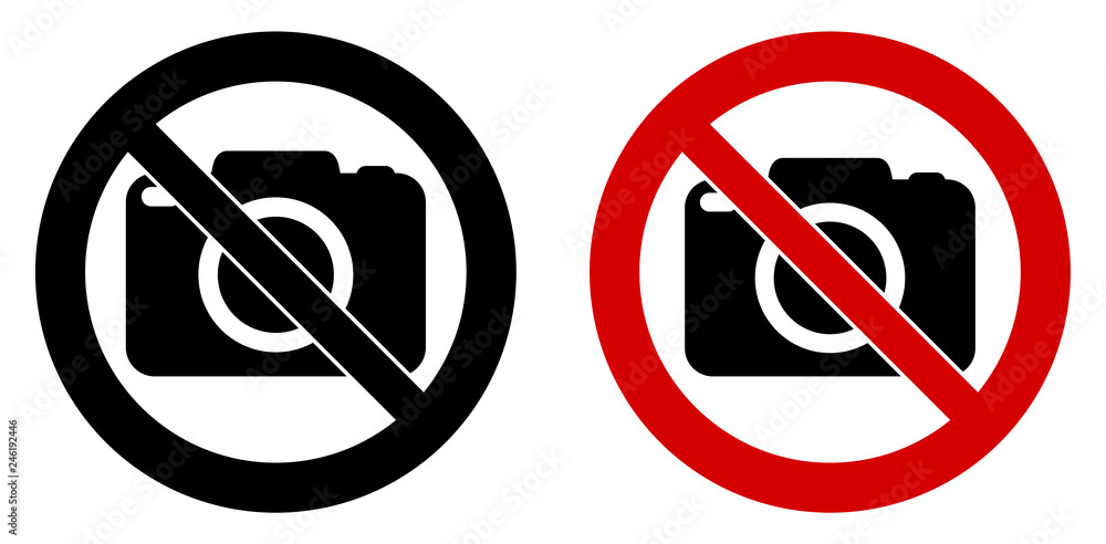 Photography not allowed sign. Camera icon in crossed circle. Black and ...