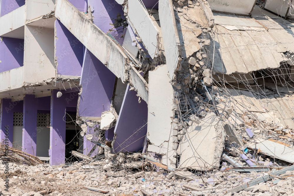 Debris and destroyed building that collapsed from the earthquake. Stock ...
