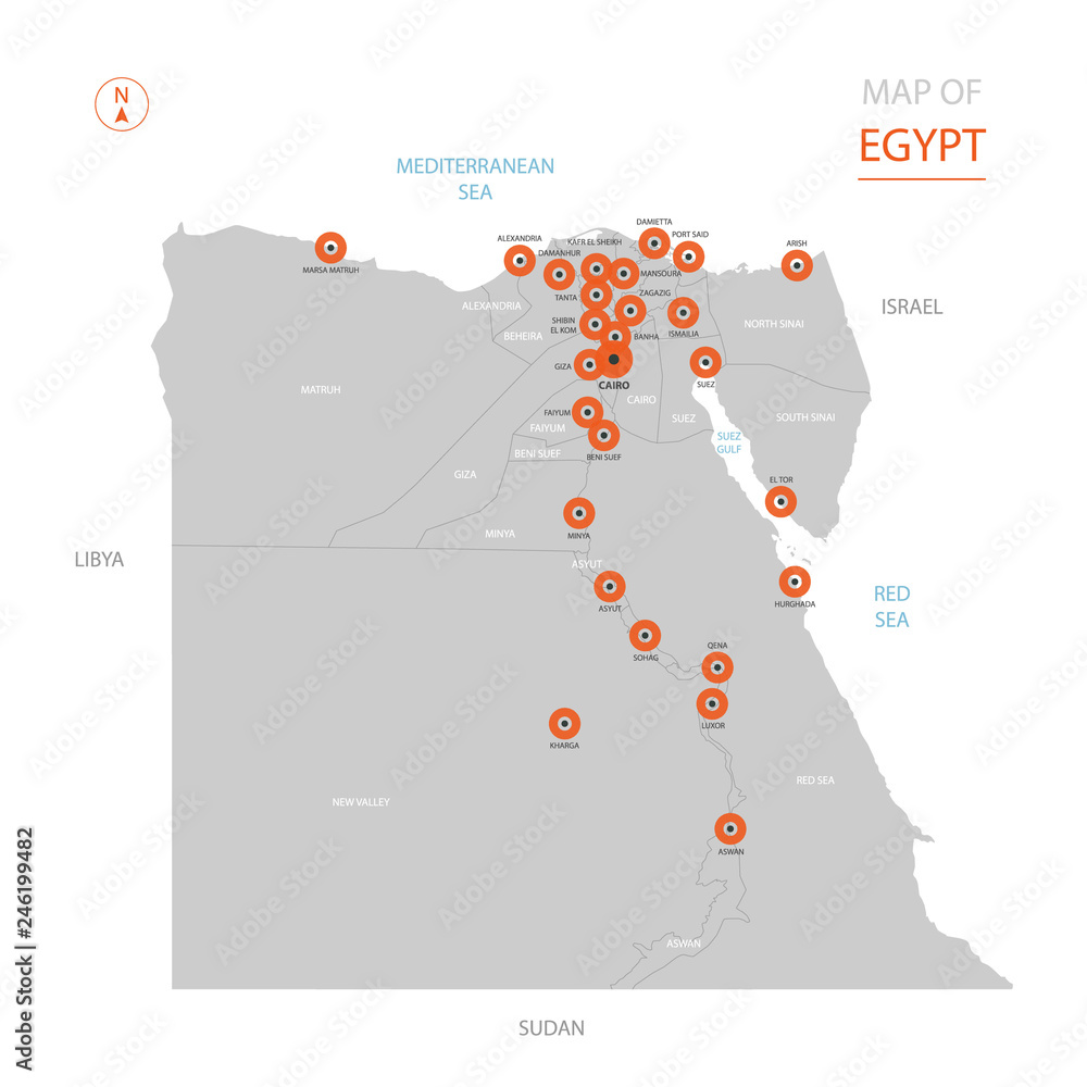 Stylized vector Egypt map showing big cities, capital Cairo ...