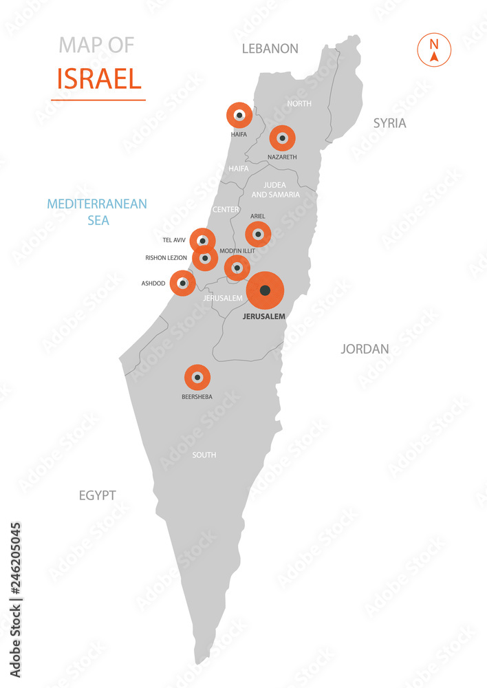 Stylized vector Israel map showing big cities, capital Jerusalem ...