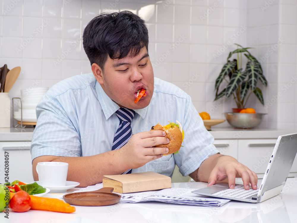 Diet failure of fat man eating fast food unhealthy hamberger. Stock ...