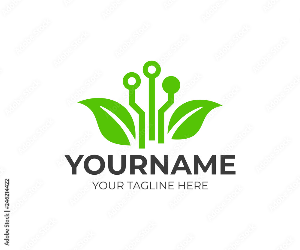 Green technology and circuit with leaves, logo design. Smart ...