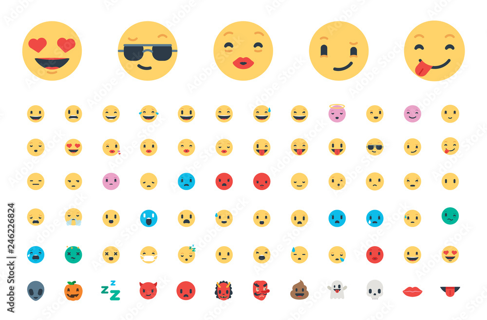 Poster All basic face emojis, emoticons, emotions flat vector ...