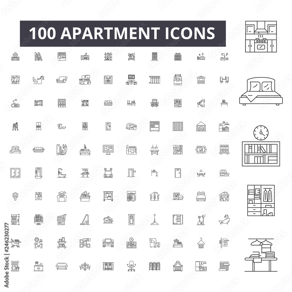 Apartment editable line icons, 100 vector set on white background ...
