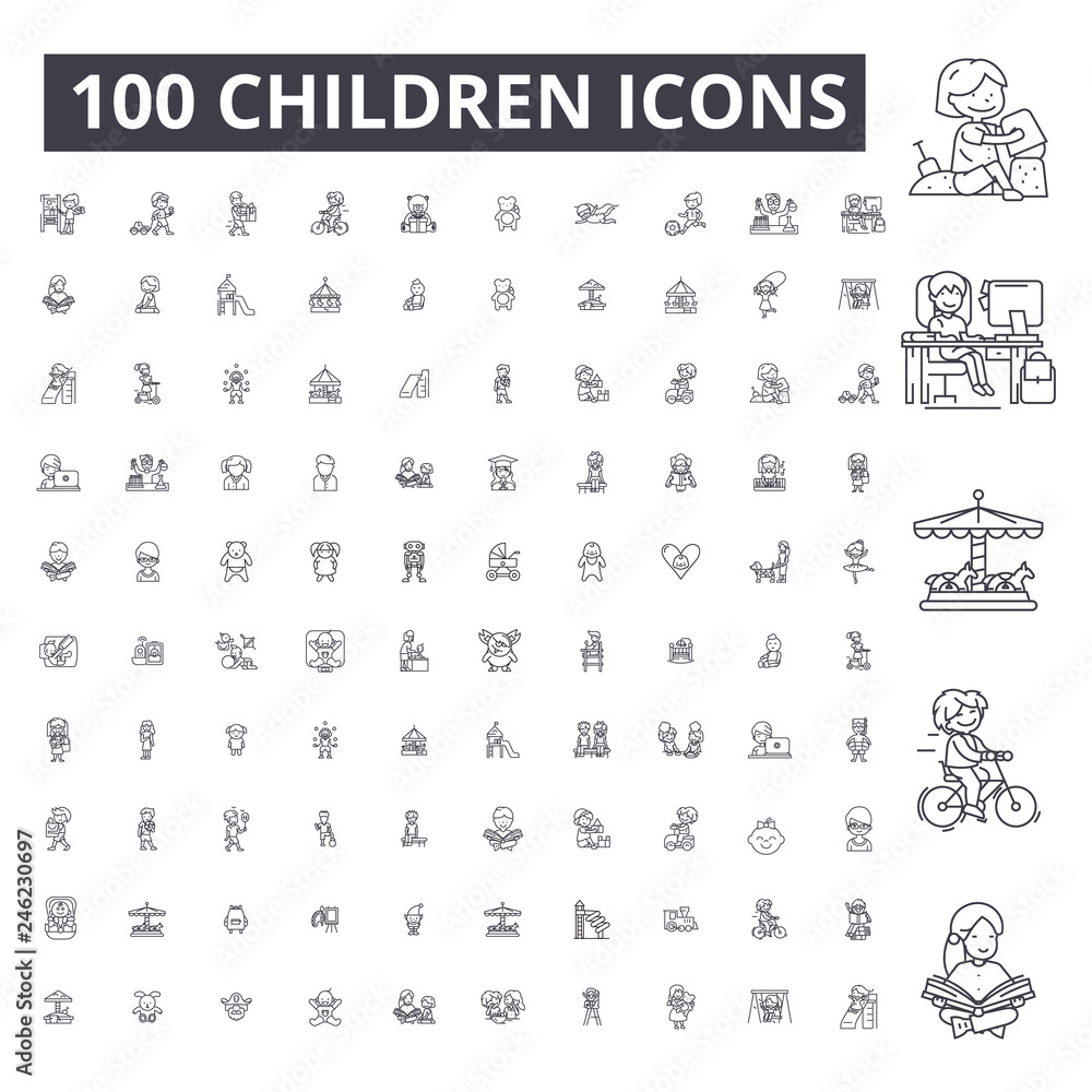 Children editable line icons, 100 vector set on white background ...